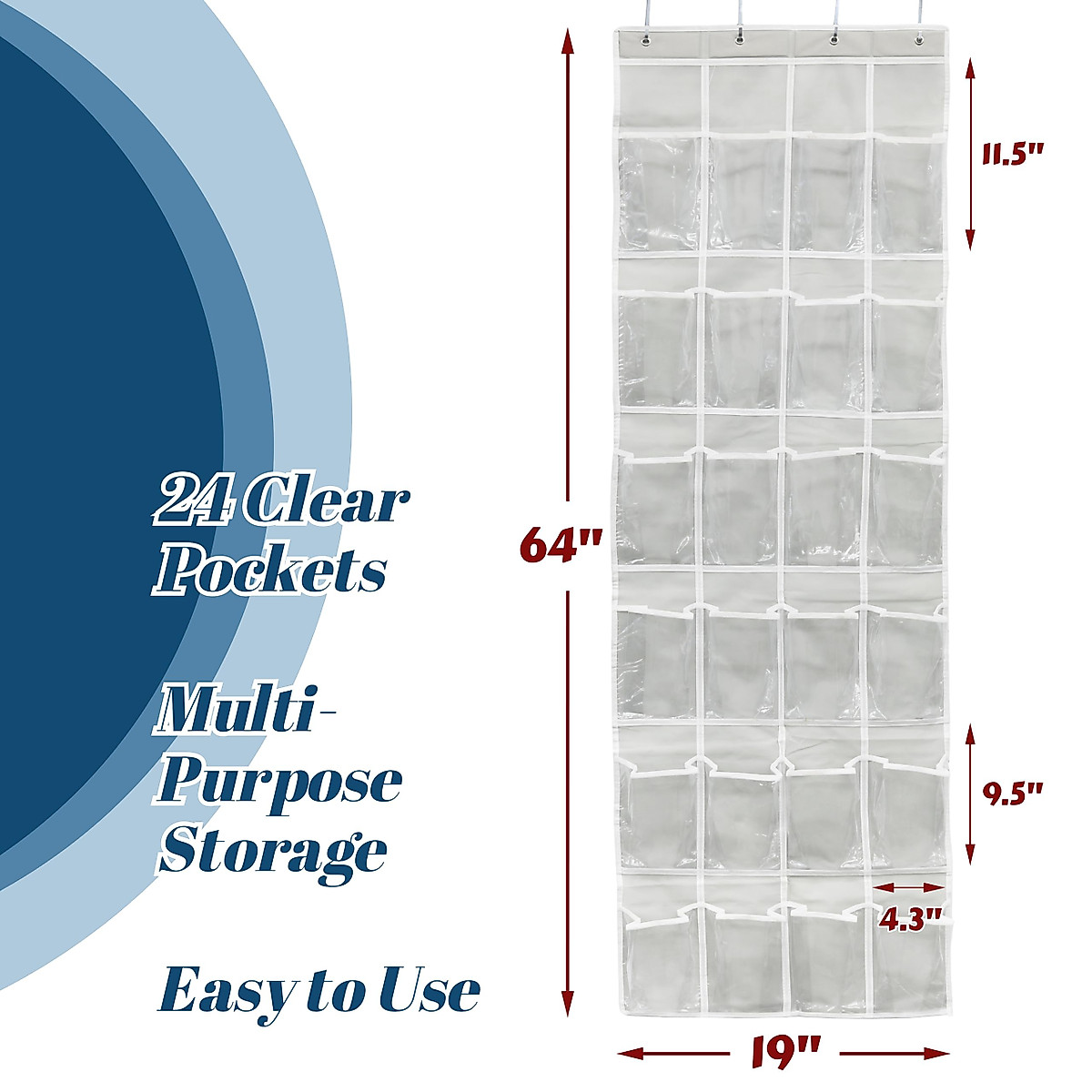 24 Pockets - SimpleHouseware Crystal Clear Over The Door Hanging Shoe Organizer, Gray (64'' x 19'')