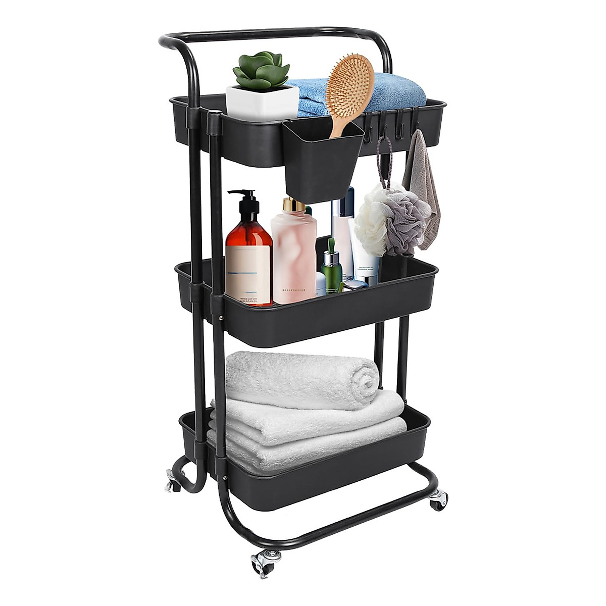 Rolling Metal Cart Kitchen Vegetable Fruits Rack Stand Movable Multi-Purpose Storage Shelf Trolley 3-Tier Utility Cart with Wheels (Black)