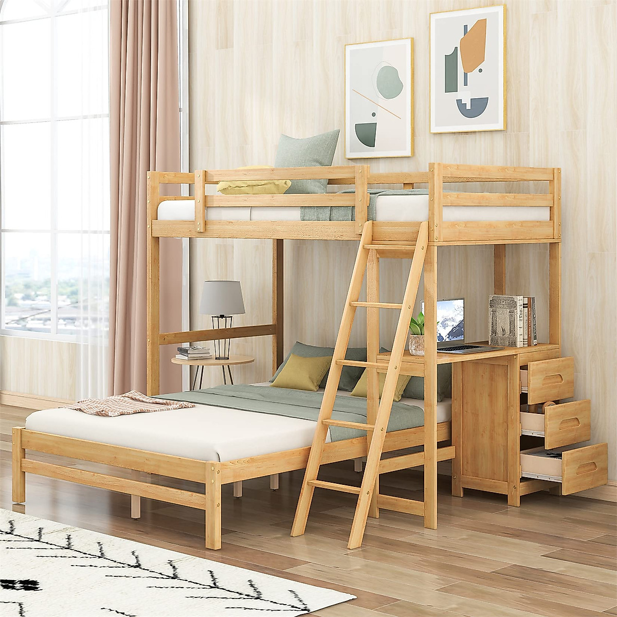 Bellemave Twin Over Full Bunk Bed with Desk and Storage Drawers Wood Convertible Loft Beds Can Be Separated into 2 Kids Bunked Frame for Girls Boys Teens, Natural