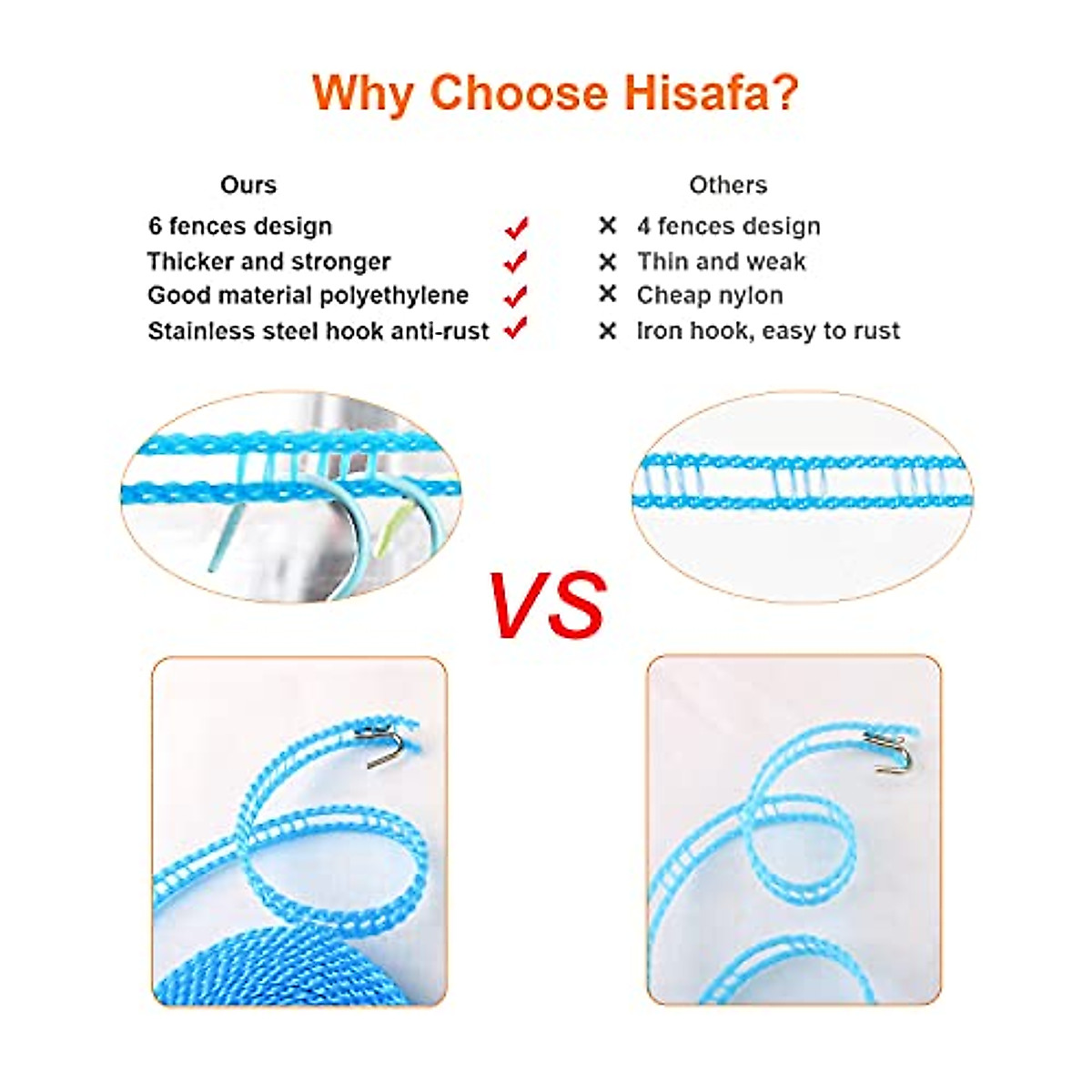 HISAFA 2 Pack Portable Clothes Line with Hooks 16.4 ft Nylon Blue