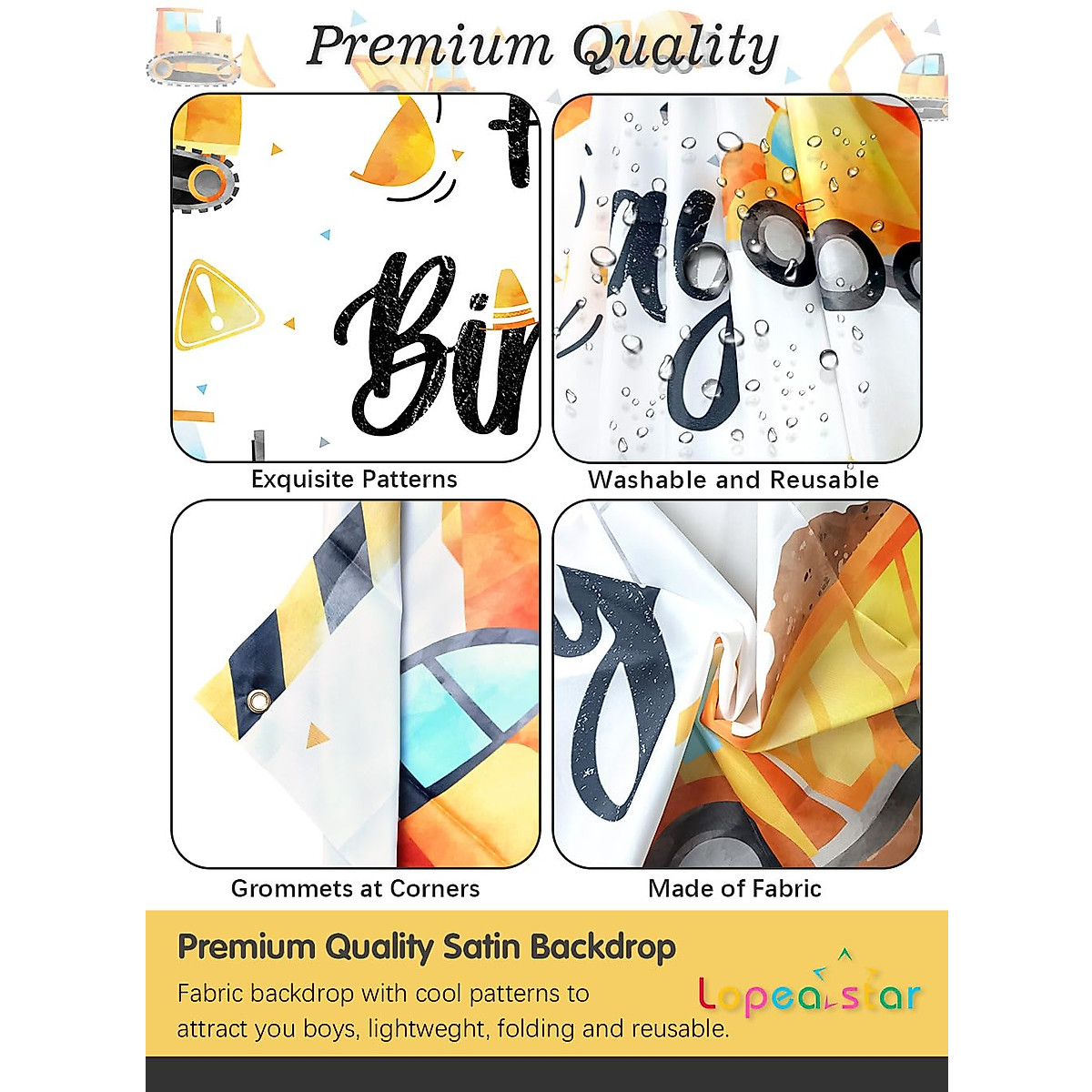 Lopeastar Construction Backdrop Banner Birthday Party Supplies, Large Size 3 x 5Ft Construction Party Decorations for Boys Yellow