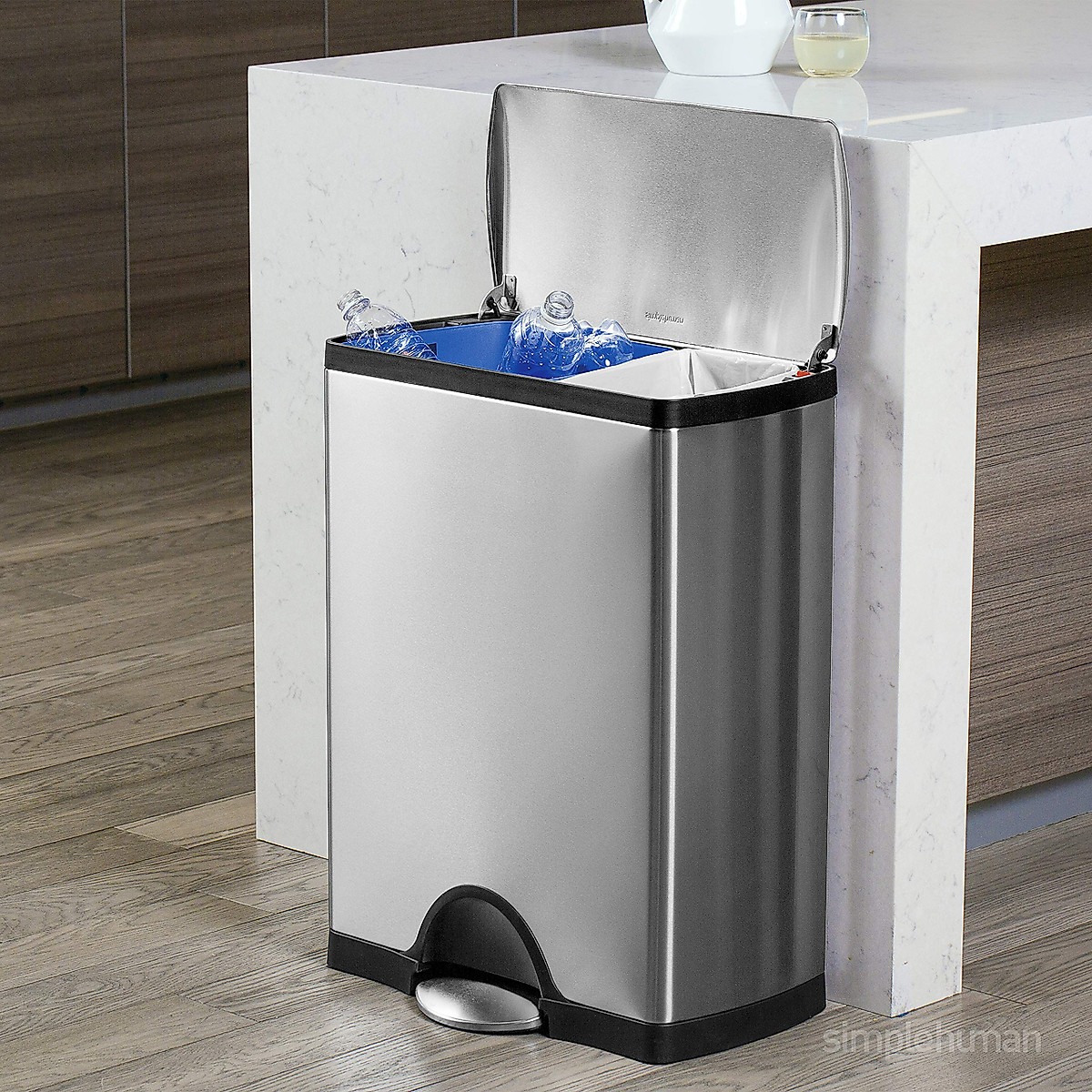 simplehuman Rectangular Dual Compartment Recycling Kitchen Step Trash Can, 46 Liter, Brushed Stainless Steel