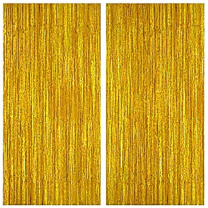 2 Pack 3.2ft x 8.2ft Gold Metallic Foil Curtains, Big Laser Glitter Fringe Rain Curtain Photo Booth Backdrop Tinsel Curtain Streamer for Birthday Wedding Graduations Christmas Event Party Supplies