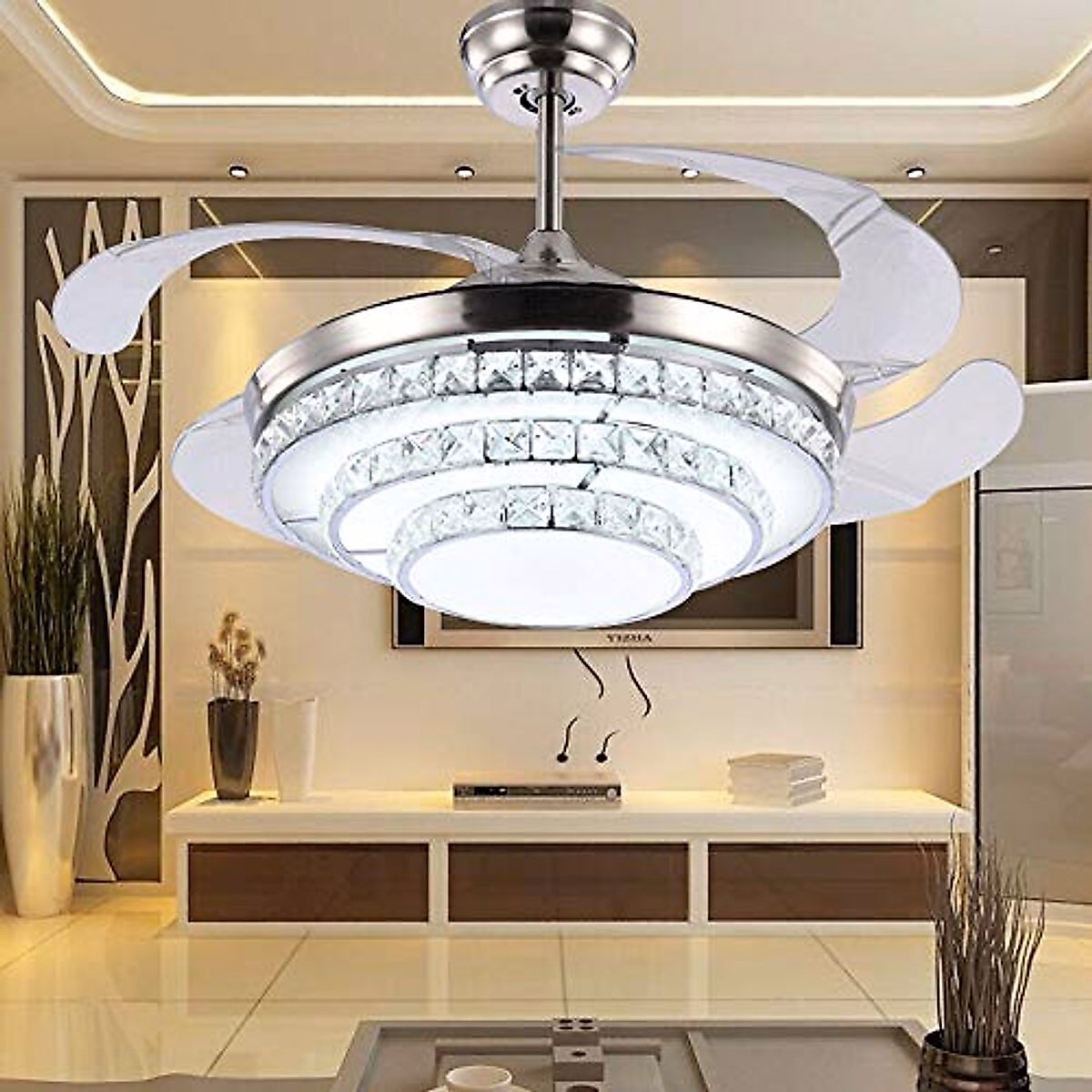 CNCEST 42inch Invisible Ceiling Fan LED Ceiling Fan with Light Telescopic Fan and Chandelier W/3 Color Temperatures Dimming 3 Wind Speed Remote Control Kitchen Living Bedroom Indoor Silver