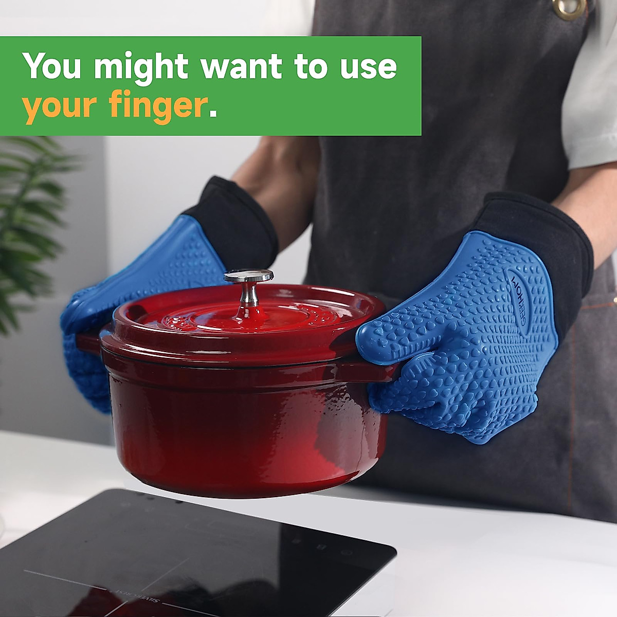 GEEKHOM Royal Blue BBQ Gloves, Heat Resistant Silicone Oven Mitts, Long Waterproof Non-Slip Pot Holder for Grilling, Cooking, Baking