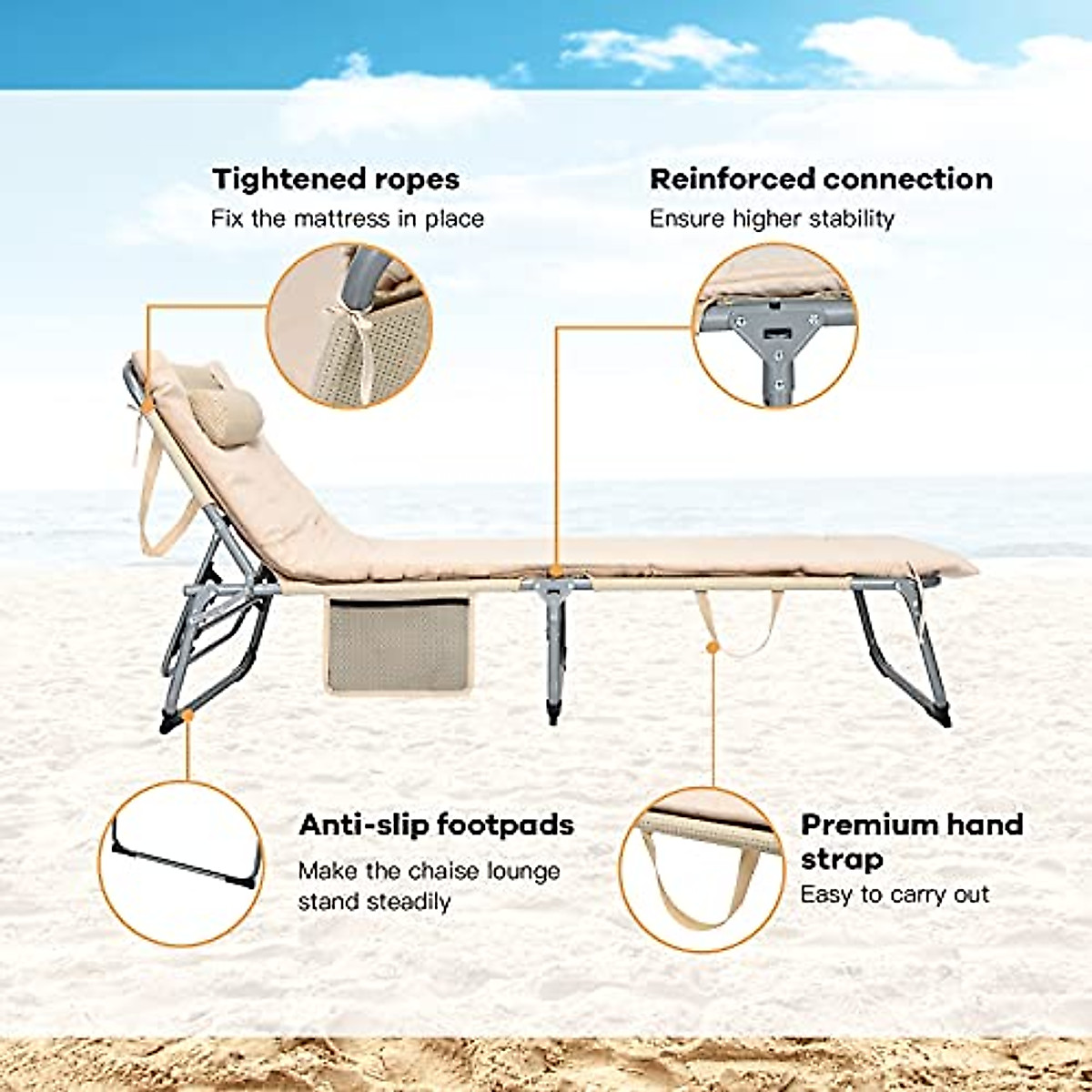 GYMAX Lounge Chair for Outside, 27” Oversize Beach Chaise Lounge with Removable Cushion & Adjustable Backrest, Headrest & Carry Strap, Tri-Fold Beach Layout Tanning Chair for Patio, Poolside(1, Beige)