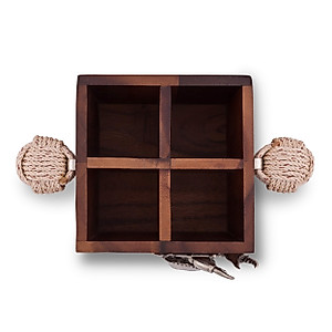 Vagabond House Caddy Square Acacia Wood Flatware / Serve ware / Utensil / Carry-All Holder with Solid Pewter Crab Accent and Real Rope Handles, 4 Compartments 11 inch x 8 inch