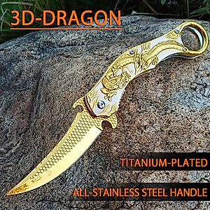 MADSMAUG Pocket Knife, 9Cr18Mo BLADE Pocket Folding Knife With Sheath, Cool 3D Dragon EDC knife, Great Gift Pocket Knife For Men Outdoor Survival Camping (Gold)