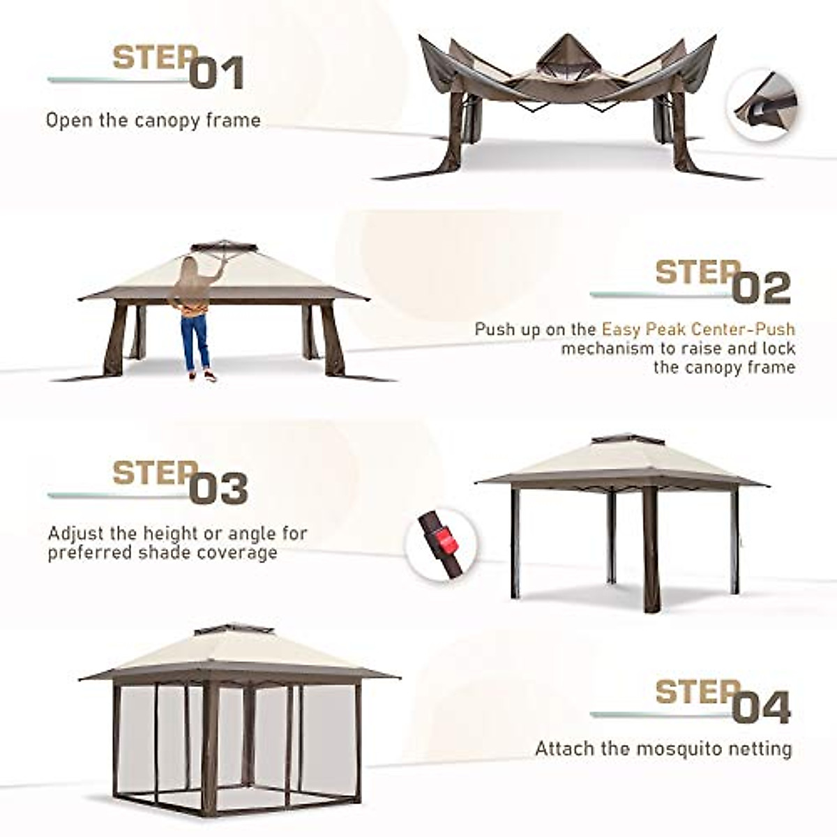 EAGLE PEAK 13x13 Pop-Up Gazebo Tent Instant w/Mosquito Netting，Outdoor Gazebo Canopy Easy Set-up Folding Shelter (Beige/Brown)