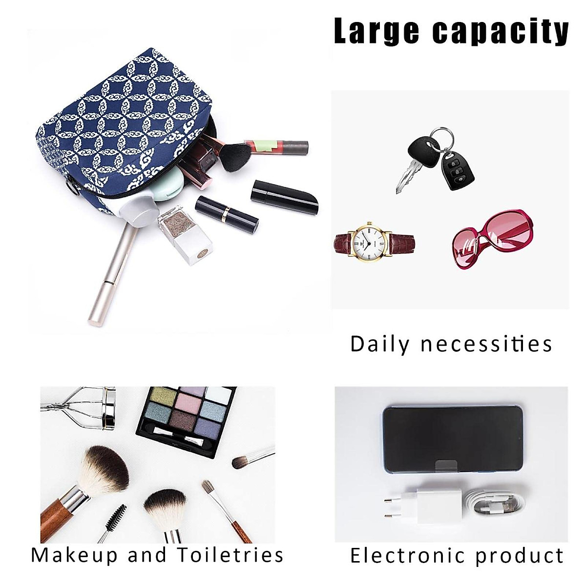 TBOUOBT Cosmetic Travel Bags, Makeup Case, Makeup Bag for Toiletries, Ethnic Navy Blue Round