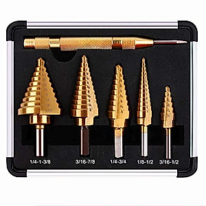 Yangoutool 5PCS Titanium Step Drill Bit Set with Automatic Center Punch,Multiple Hole 50 Sizes Stepped Up Bits,High Speed Steel Drill Bits with Aluminum Case
