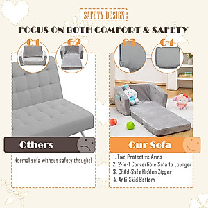 Baby Toddler Couch Sofa Chair Kids Foldable 2-in-1 Toddler Fold Out Couch Bed for Playroom, Pull Out Children Convertible Sofa Chair to Lounger Sleeper for Boys & Girls with Double Pockets, Dark Grey