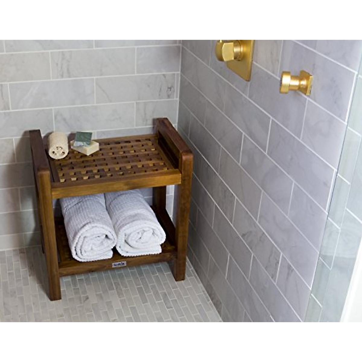 SeaTeak 60026 Shower & Spa Seat, Rectangular-Grate, W/Lower Shelf-Oiled Finish (Kd), 19.5" x 12.75" x 20.25"