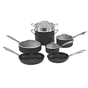 Cuisinart Dishwasher Safe Hard-Anodized 11-Piece Cookware Set, Black & Dishwasher Safe Hard-Anodized 12-Inch Open Skillet with Helper Handle