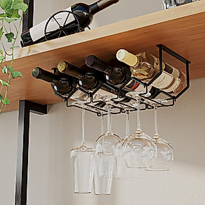 Wallniture Piccola Under Cabinet Wine Rack & Glasses Holder Kitchen Organization with 4 Bottle Organizer Metal Black