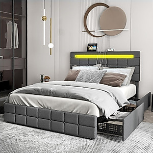 KOMFOTT Queen Bed Frame with Charging Station & LED Lights, Upholstered Platform Bed Frame with Adjustable Headboard & 4 Storage Drawers, Solid Wooden Slats Support, No Box Spring Needed, Noise Free