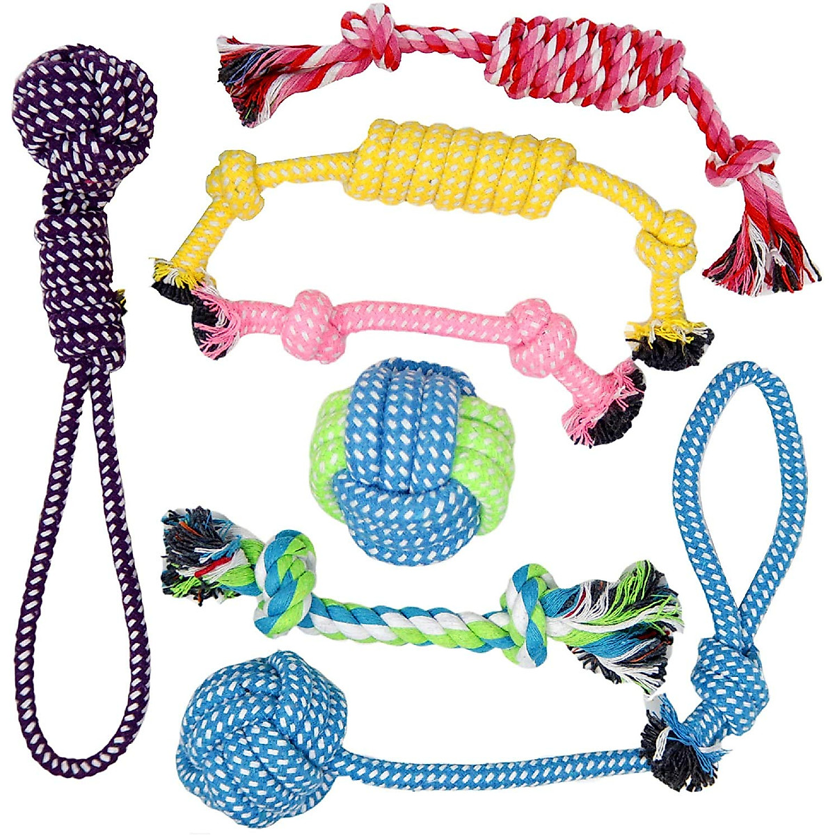 BK PRODUCTS LLC 7 Dog Chew Toys Made of All-Natural Cotton for Small Breeds and Puppies – Dog Rope Toy Set Stimulates Gums, Helps Fight Plaque and Relieves Boredom and Separation Anxiety