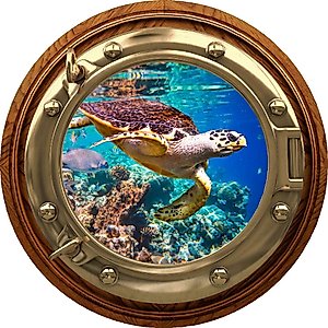 Port Scape Coral Reef Hawksbill Sea Turtle Porthole Brasswood Window Wall Decal Vinyl Sticker Ocean Fish Under Water Sea Life 12 inch