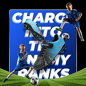 ASHION Unisex-Kids Soccer Cleats for Boys Girls Turf Firm Ground No-Tie Football Shoes Durable Black/Blue