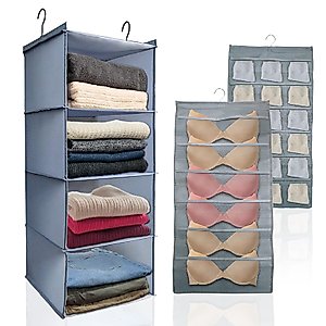 Taoomeho Hanging Closet Organizers and Storage Set,4-Shelf Foldable Hanging Storage Shelves and Dual-Sided Storage Bags，Great for Clothes Bag Bra Underwear Underpants Socks Organization Storage，Gray