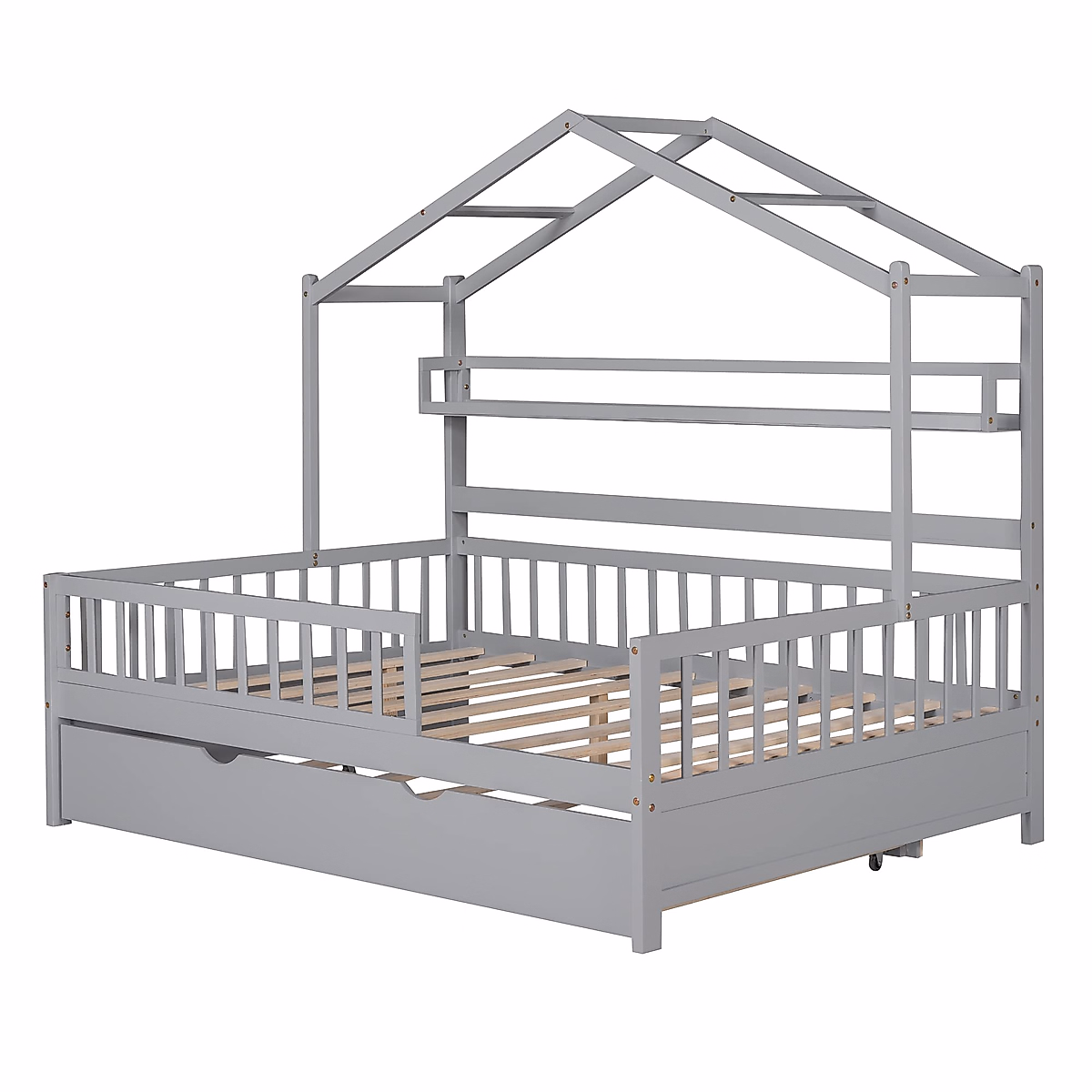 Full Size House Bed with Trundle and Storage Shelves, Montessori Bed Full Platform Bed with Roof, Tent Bed, Solid Wood Playhouse Bed Frame for Kids Teens Girls Boys (Full, Gray)
