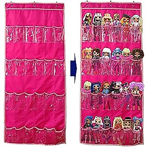 Hanging Over Door Toy Storage Organizer (24 Pockets), Compatible with Lol Omg Dolls Barbie Dolls Surprise Doll (Toys Not Included), Deeppink (57.5''x22'')