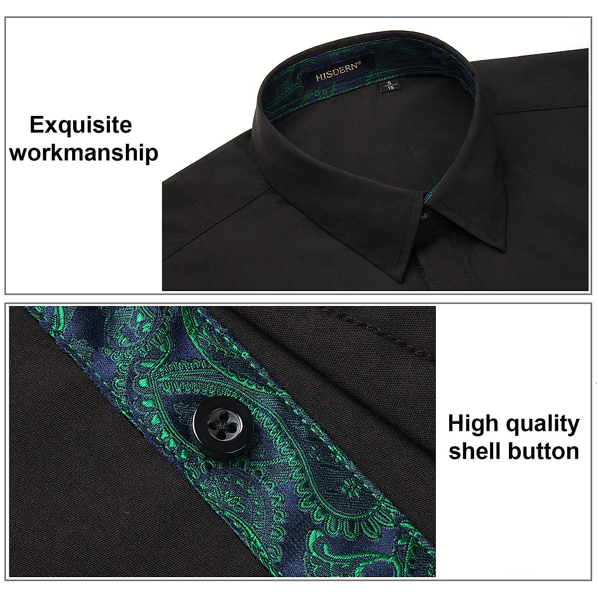 HISDERN Black Green Dress Shirts for Men Long Sleeve Button Down Shirt Black Inner Paisley Contrast Mens Casual Formal Tuxedo Shirt