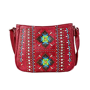 Western Tooled Leather Floral Damask Pattern Embroidered Rhinestone Concealed Crossbody Messenger Bag (Wine)