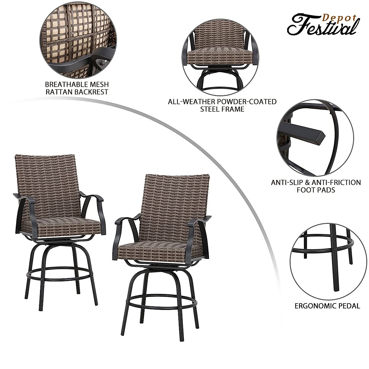 Festival Depot 2pcs Patio Bar Height Stools Rattan Wicker High Back 360° Swivel Chairs Patio Dining Chairs Metal Outdoor Furniture with Soft Seat Cushion for Bistro Lawn Garden Pool
