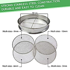 Practicool Garden Potting Mesh Sieve - Sifting Pan - Stainless Steel Riddle - Mix Soil Filter - with 4 Interchangeable Mesh Sizes - 3, 6 , 9, 12mm