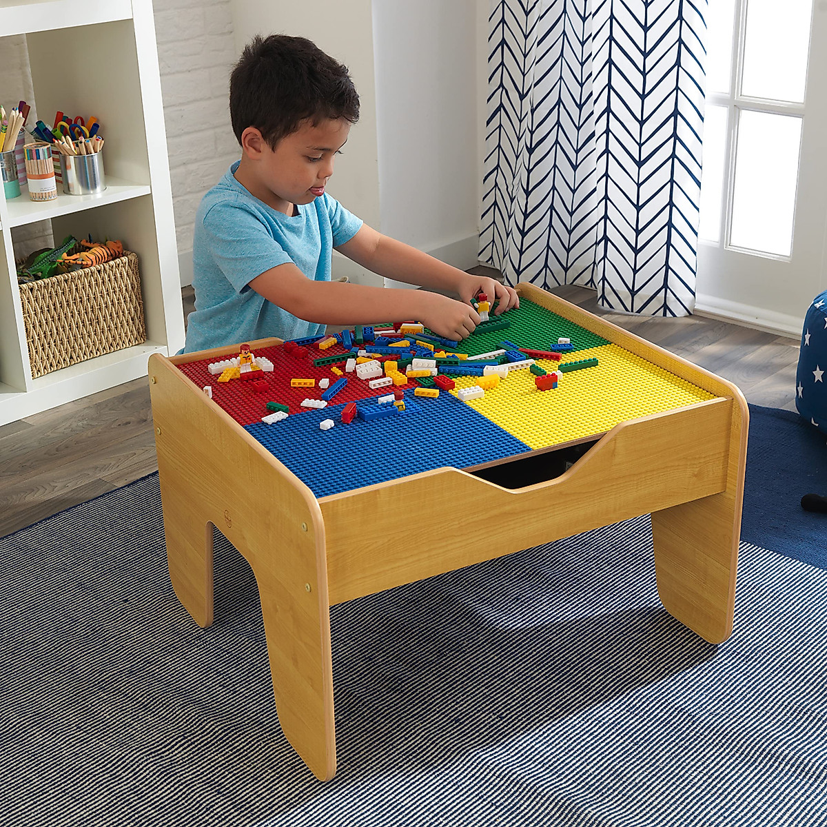 KidKraft 2-in-1 Reversible Top Activity Table with 200 Building Bricks and 30-Piece Wooden Train Set, Natural, Gift for Ages 3+