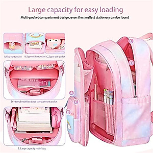 Kawaii Gradient Color Backpack for Girls Elementary School, Kids Cute Rainbow Book Bag, Women Casual Daypacks with Pendant