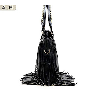 Downupdown Women Tassel Fringe Shoulder bag Big Tote Messenger Handbag Hobo Cross Body Bag (Black)