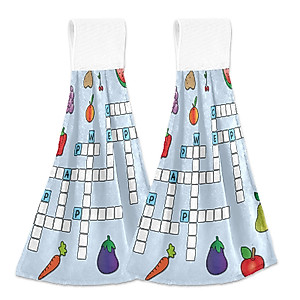 Vnurnrn Hand Towels for Kitchen 2 Pcs Hanging Kitchen Towels Set，Crossword Fruits Soft Absorbent Tea Bar Dish Cloths Bath Towel 123 for Bathroom Laundry Room