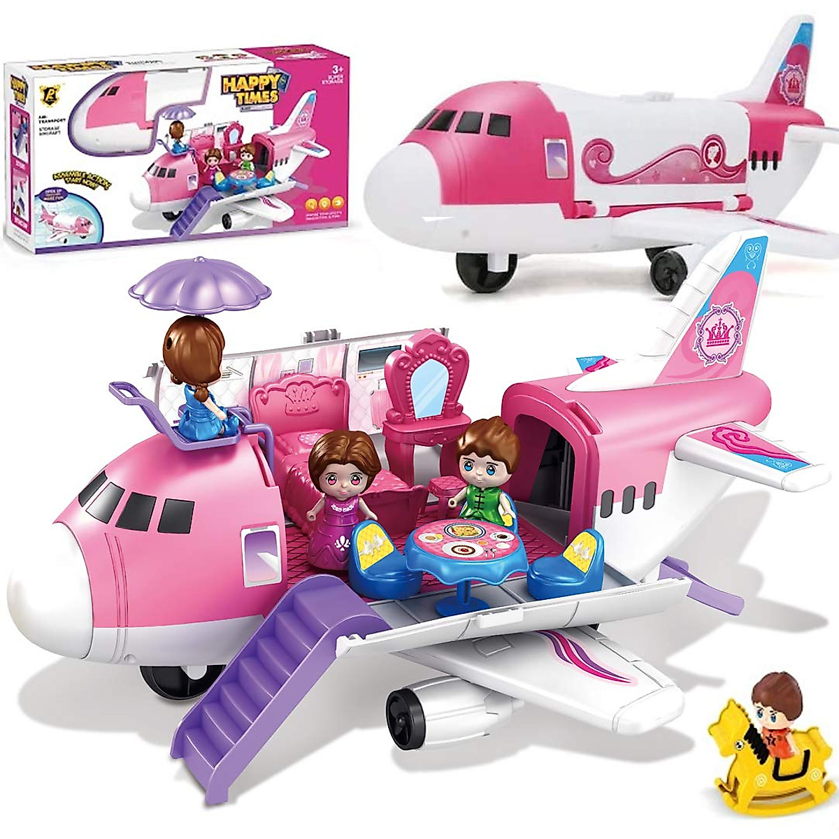 Pink Airplane Toy Private Jet Transport Cargo Vehicle - Big Large Aircraft Plane with Figures and Beauty Accessories Pretend Playset for Toddler Girls