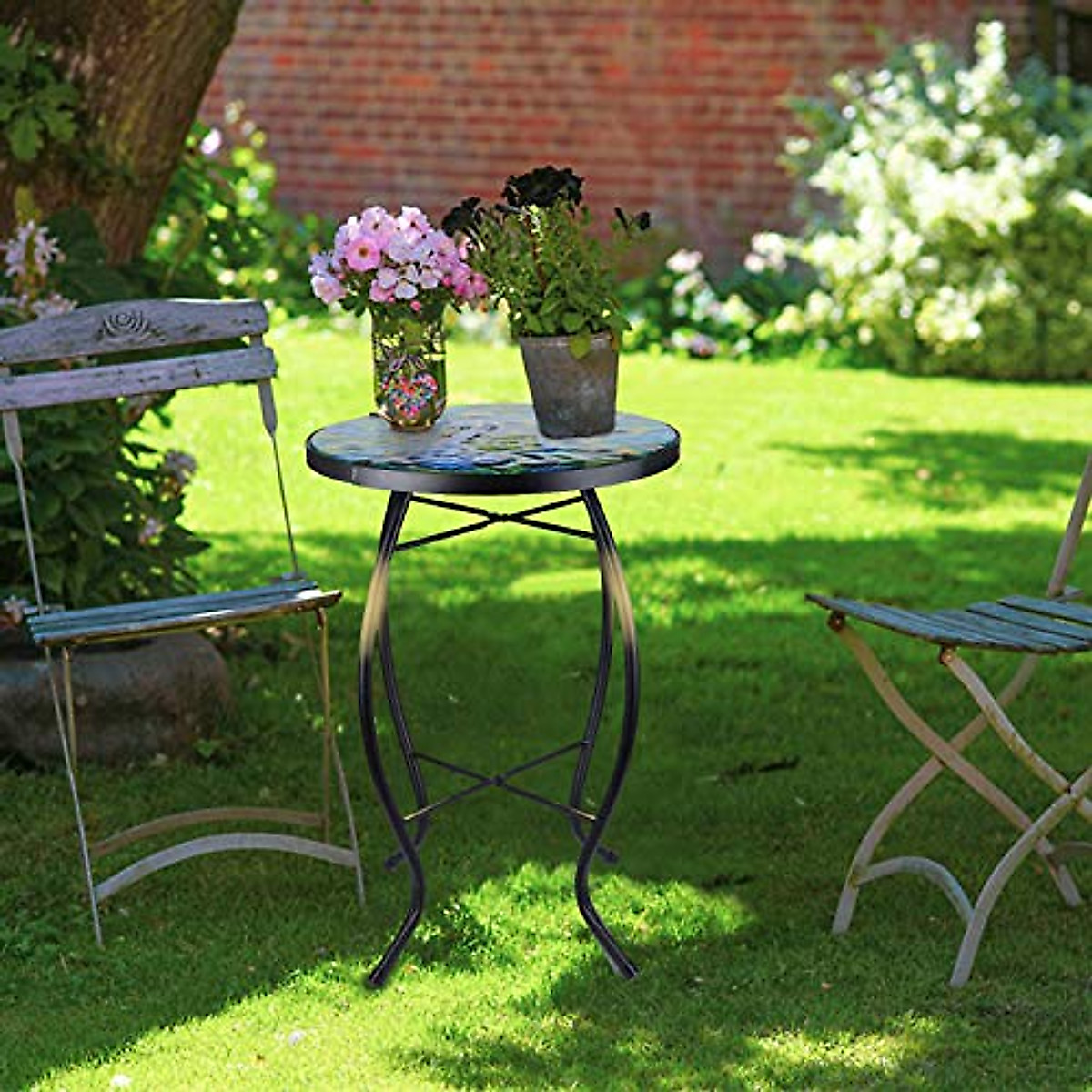 MUMTOP Outdoor Side Tables Patio Table 14’’ Round Mosaic Accent Table Peacock Glass Plant Stand Decor for Garden, Balcony Indoor Use…