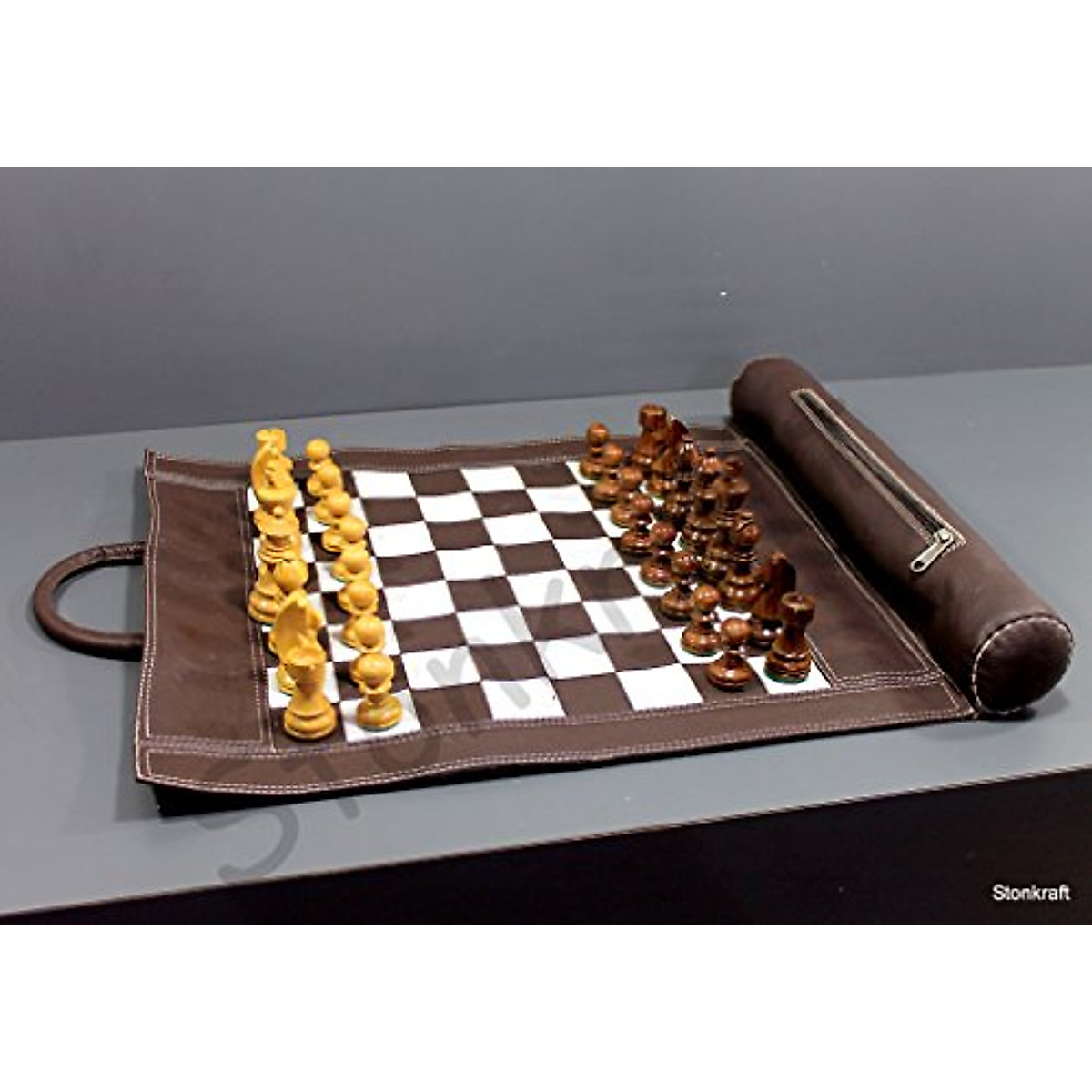 StonKraft - 19" x 15" (Chess Board Size 12" x 12") Roll-Up Leather Chess Set with Wooden Chess Pieces - Brown | Comes with Innovative Carry Pouch