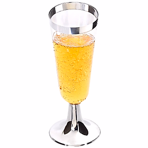 I00000 50 Pack Plastic Champagne Flutes with Silver Rim, Disposable Champagne Glasses 5 Oz, Perfect for Champagne, Bloody Mary, Sodas, Cocktail, Sundaes and other Desserts