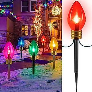 Jumbo C9 Christmas Lights Outdoor Decorations Lawn with Pathway Marker Stakes, 8.5 Feet LED Lights Covered Jumbo Multicolored Light Bulb for Holiday Outside Yard Garden Decor, 5 Lights