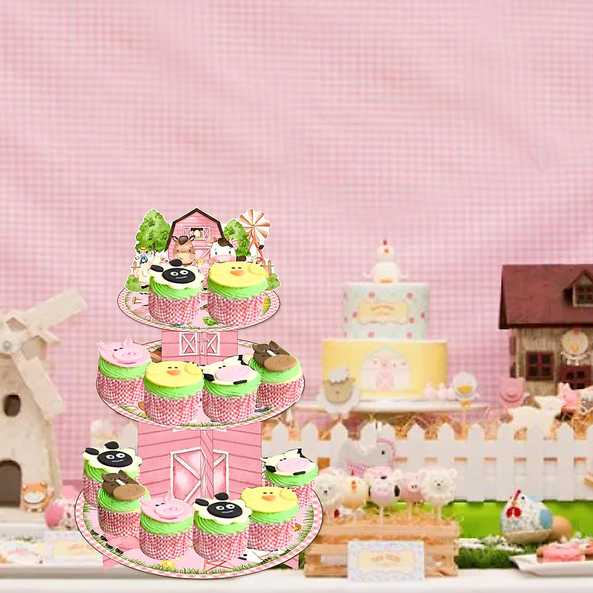 Pink Farm Animals Cupcake Stand 3 Tiers Farm Birthday Party Tower Barnyard Party Stand Holder Farm Animals Party Decorations for Farmhouse Baby Shower Supplies
