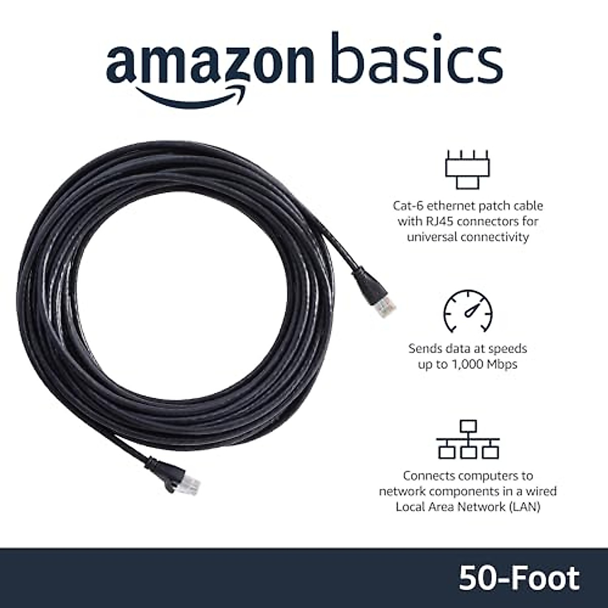 Amazon Basics RJ45 Cat-6 Ethernet Patch Cable, 1Gpbs Transfer Speed, Gold-Plated Connectors, 50 Foot for PC, TV, Tablet, Router, Printer, Black