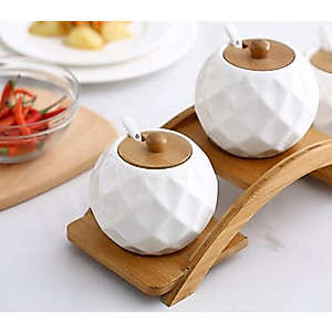 Ceramics Seasoning Box Set Durable 3pcs/Set White Creative Design Condiment Pots with Lid and Spoon for Sugar Coffee Salt Spices and Pepper
