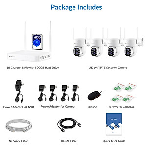YEEWISE 2K WiFi Security Camera System, Outdoor PTZ Wireless Camera System, 4pcs Dual Lens Pan Tilt Zoom Cameras with Auto Tracking & 10x Hybrid Zoom, 10CH WiFi NVR with 500GB HDD for 24/7 Recording