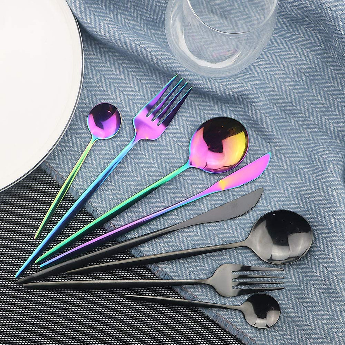 JASHII 32 Pieces Silverware Set, Flatware Set Stainless Steel Cutlery Set Service for 1,Include Knife/Fork/Spoon,Mirror Polished (Rainbow)