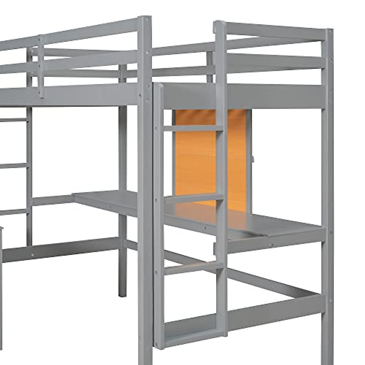 BOVZA Twin Size Loft Bed with Desk and Writing Board, Wood Loft Bed Frame with 2 Drawers Cabinet and 2 Side Ladders, Gray