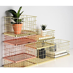 Set of 2 Stackable 10" Metal Wire Storage Basket Bins With Handles (Gold Wide Mesh Base)