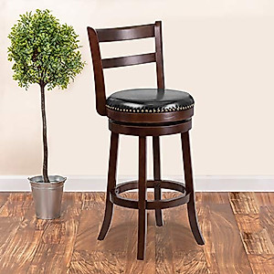 Flash Furniture Becca 30'' High Cappuccino Wood Barstool with Single Slat Ladder Back and Black LeatherSoft Swivel Seat