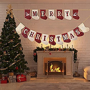O-heart Merry Christmas Banner, Burlap Stockings Plaid Christmas Decorations, Merry Christmas Sign for Mantel Fireplace Christmas Tree Farmhouse Hanging Decoration Christmas Door Decorations