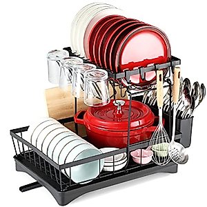 Dish Drying Rack - 2 Tier Dish Drying Rack with Drainboard Set, Large Dish Racks for Kitchen Counter, Dish Drainer Rack with Utensil Holder, Dish Strainers for Kitchen Counter, Black