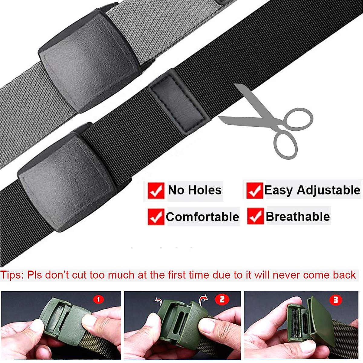 HOANAN 2-Pack Elastic Stretch Belt, Men’s All Size No Metal Nylon Tactical Hiking Belt (Blackgrey, Fit up to 36")
